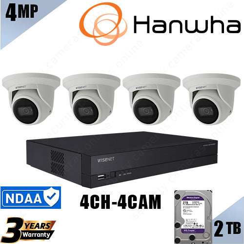 Hanwha Wisenet 4 Channel CCTV Kit - 4 x 4MP Turret Security Cameras